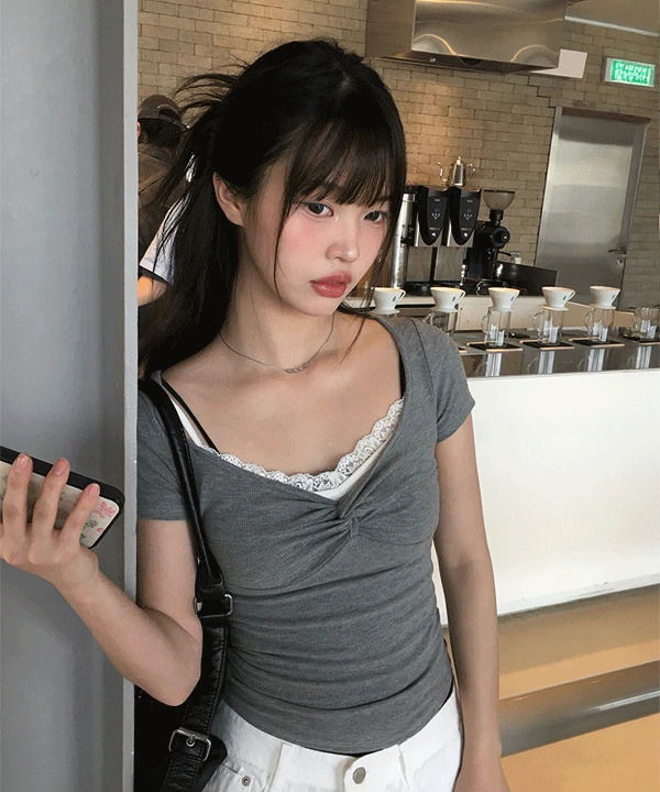 anyonemore - Plain shirring Ribbed slim crop short sleeve t-shirt - Codibook.