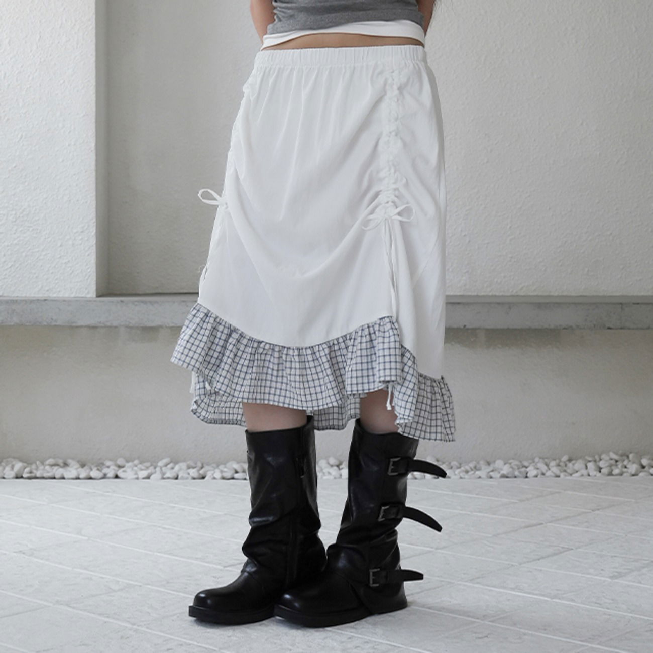 binary01 - Kayu Check Shirring Skirt - Codibook.